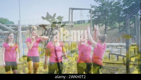 Image of plants over diverse women at obstacle course high fiving Stock ...