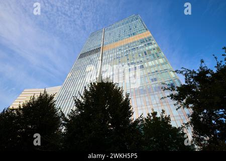The modern facade of the Esentai Mall building and the Ritz-Carlton ...