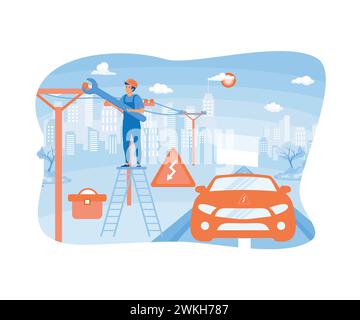Man standing on steps near car repairing electricity. flat vector ...