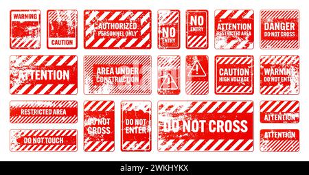 Red grunge warning signs with diagonal lines. Old attention, danger or ...