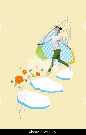 Picture collage artwork of cheerful lovely girl sitting nest handmade ...