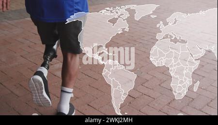 Image of world map over disabled african american man with artificial ...
