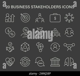 Evaluation planning linear icons set. Assessment, Metrics, Targets, Scope, Objectives, Analysis ...
