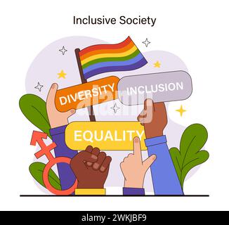 Inclusive Society concept. Diverse hands pointing towards equality, inclusion, and diversity ...