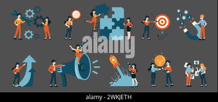 Teamwork and Goal Setting set. Professionals engaging in problem ...