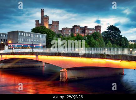 Inverness skyline at night with Ness bridge, Scotland - UK Stock Photo ...