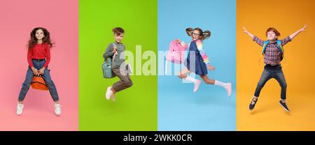 Schoolchildren jumping on color backgrounds, set of photos Stock Photo ...