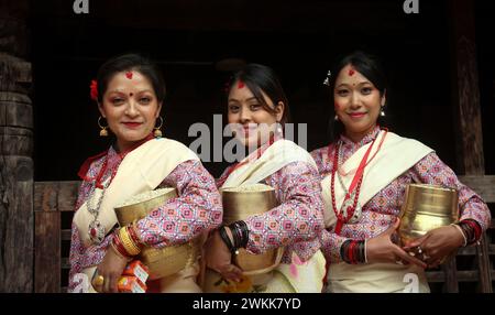 Lalitpur, Nepal. 21st Feb, 2024. Women take part in a parade during Bhimsen Puja celebration in ...