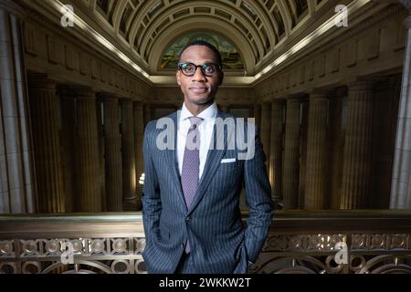 Cleveland, Ohio mayor Justin Bibb speaks to a reporter at city hall ...