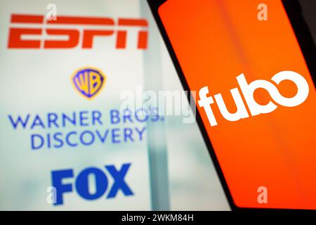 In this photo illustration, the FuboTV Inc. logo is displayed on a ...