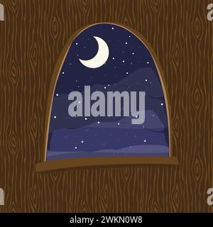 Window view with twilight sky stars line art vector cartoon icon Stock ...