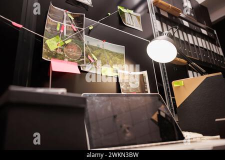 Detective office interior with workplace and investigation board Stock ...