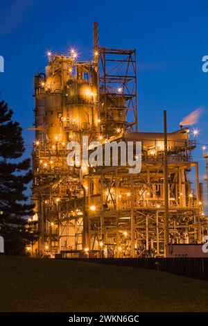 Oil refinery illuminated at dusk, Montreal East, Quebec, Canada Stock ...