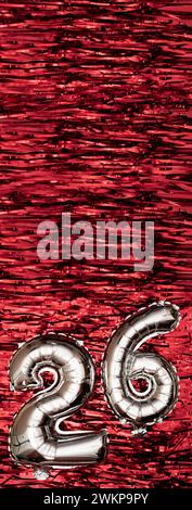 Banner with red inflatable foil balloon in a heart shape. Minimal ...