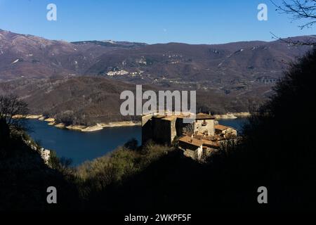 The lago del Salto, reservoir in Lazio, Italy, showing low water levels ...