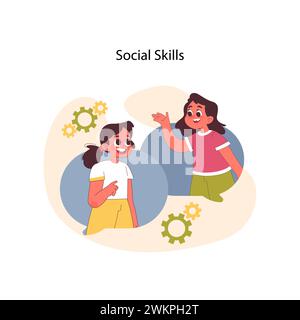 Social Skills concept. Two cheerful girls engage in conversation ...