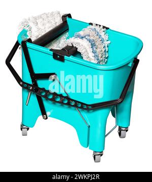 A turquoise cleaning trolley for cleaning tools and a removable gray ...