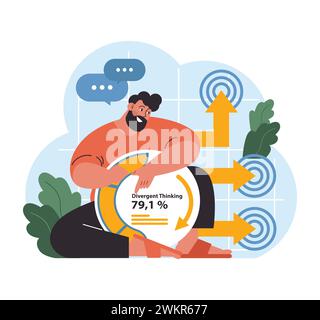 Navigating through ideas. Man steers divergent thinking wheel, with ...
