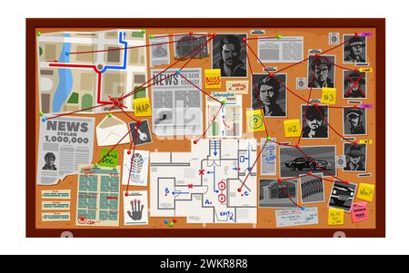 Detective board. Pinboard crime investigation map, pins threads wall ...