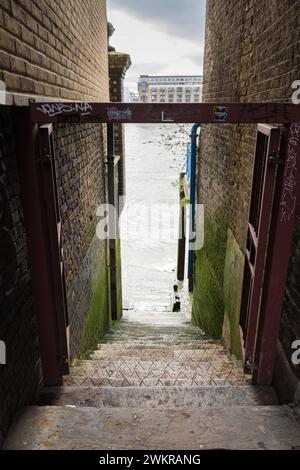 The ancient Alderman Stairs leading down to the River Thames in Wapping ...