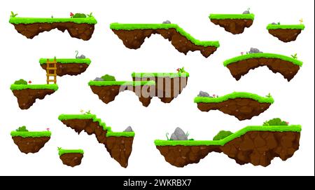 Game ground. 2d island with ground and grass wild bushes exact vector ...