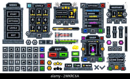 Medieval game buttons, user interface menu elements. Oblong colorful ui banners with ornate rims ...