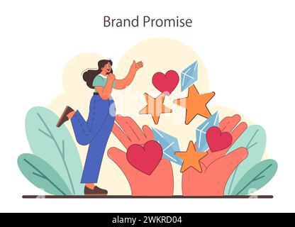 Brand Promise concept. A joyful consumer engages with symbols of love ...