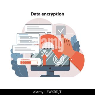 Data encryption concept. Hand activating a secure data transfer on a computer monitor, ensuring ...