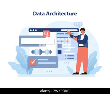 Data Architecture concept. Expert showcases digital structure, emphasizing search, analysis, and ...