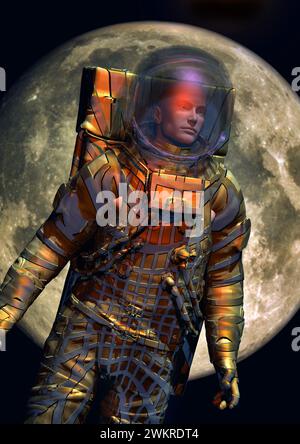 Lunar Astronaut In Space Suit Walking On the Moon. Planet Earth Is ...