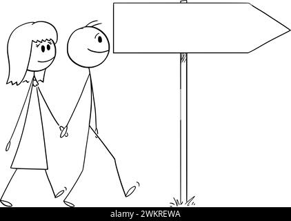 Man and Woman Walking Happily Together, Vector Cartoon Stick Figure ...