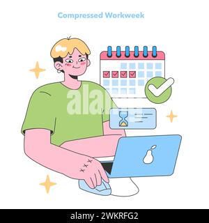 Contented employee with a laptop enjoys a compressed workweek, marking his calendar. Achieving ...