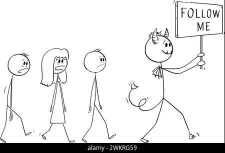 Devil Walking With Follow Me Sign, Vector Cartoon Stick Figure ...