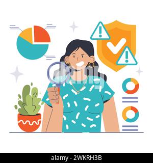 Risk Assessment concept. Expert woman with magnifying glass evaluates ...