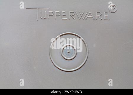 Tupperware logo on old plastic Tupperware storage container Stock Photo ...