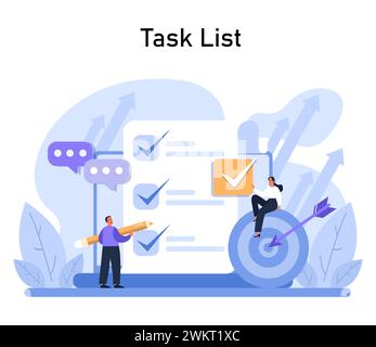 Efficient team streamlining tasks, with a giant checklist backdrop, clear communication bubbles ...