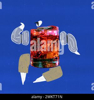 Creative design with negroni cocktail and drawn human against blue ...