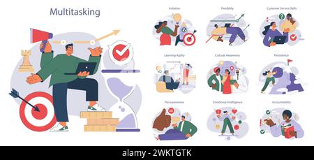 Soft skills set. Illustration of diverse characters displaying teamwork, emotional intelligence ...