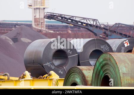 Coiled steel iron plates manufactured at a steel manufacturing plant ...