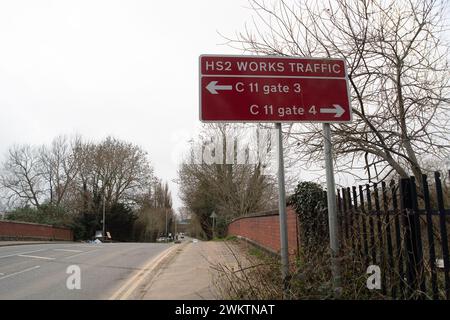 Harefield, UK. 20th February, 2024. A sign for HS2 Works Traffic in ...