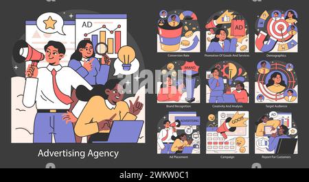 Dynamic advertising agency concept. Teams engage in creative strategy, media planning, and ...
