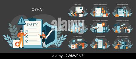 OSHA set. Workplace safety procedures and emergency readiness. Employee ...