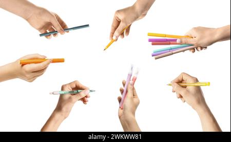 Set of hands holding pens and markers on white background Stock Photo ...