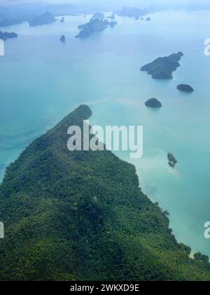 Aerial view flying over stunning tropical green islands Phang Nga Bay ...