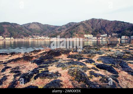 Sunset view of Lake Kawaguchi and Azagawa Village in Fujikawaguchiko ...
