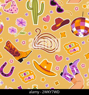 Seamless cowboy themed pattern, boots, hats, bull skulls, cacti, saloon ...