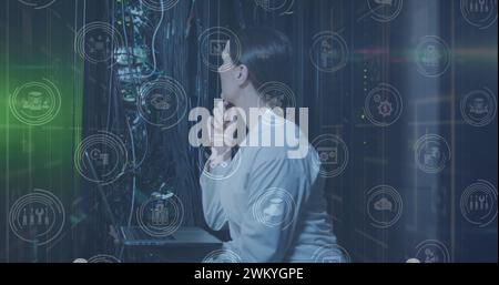Image of falling icons over caucasian female server room worker Stock ...