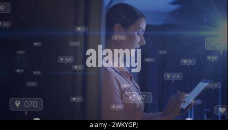 Image of falling icons over caucasian female server room worker Stock ...