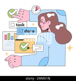 Task completion concept. Contented woman surrounded by task checkmarks ...