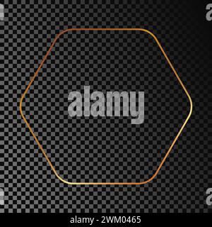 Gold glowing rounded hexagon frame with shadow isolated on dark transparent background. Shiny ...
